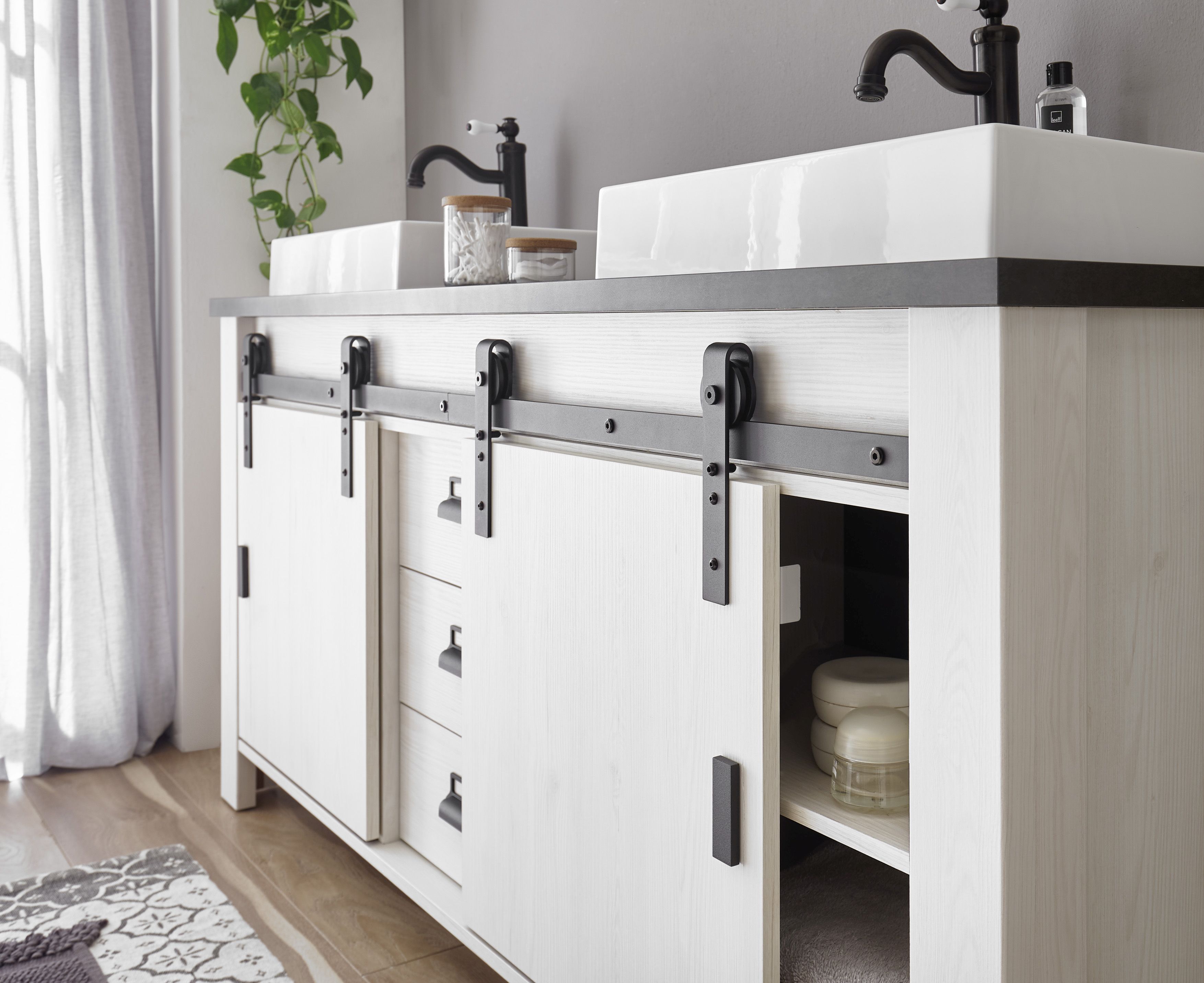 Unterschrank mit Doppelwaschbecken SHERWOOD Pinie wei 223 Anthrazit 